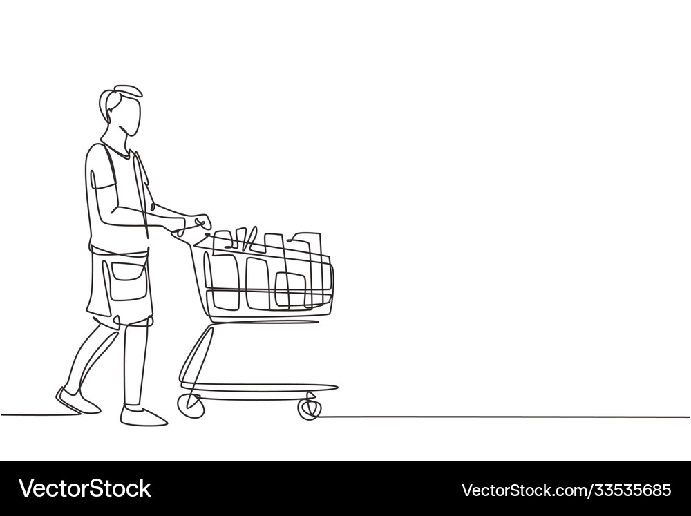 One single line drawing young happy man pushing Vector Image