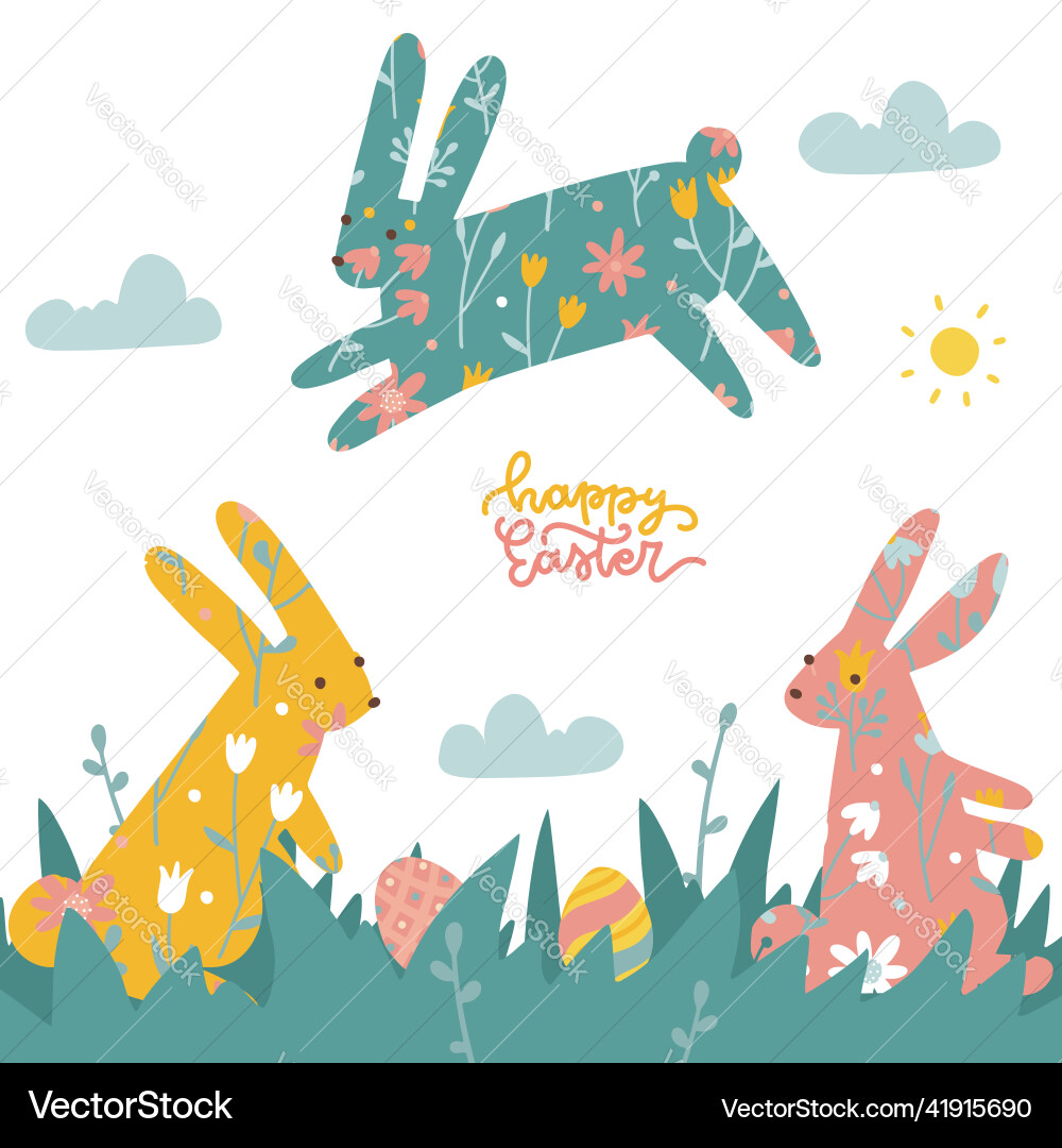 Happy easter card woth bunnies and rabbits Vector Image