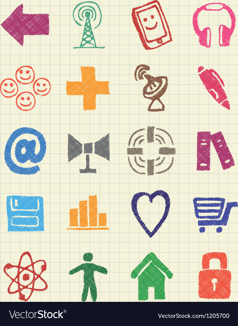 Internet icons set drawn by color pencils Vector Image