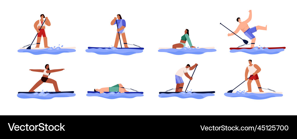 Set of paddle boarding people flat style Vector Image