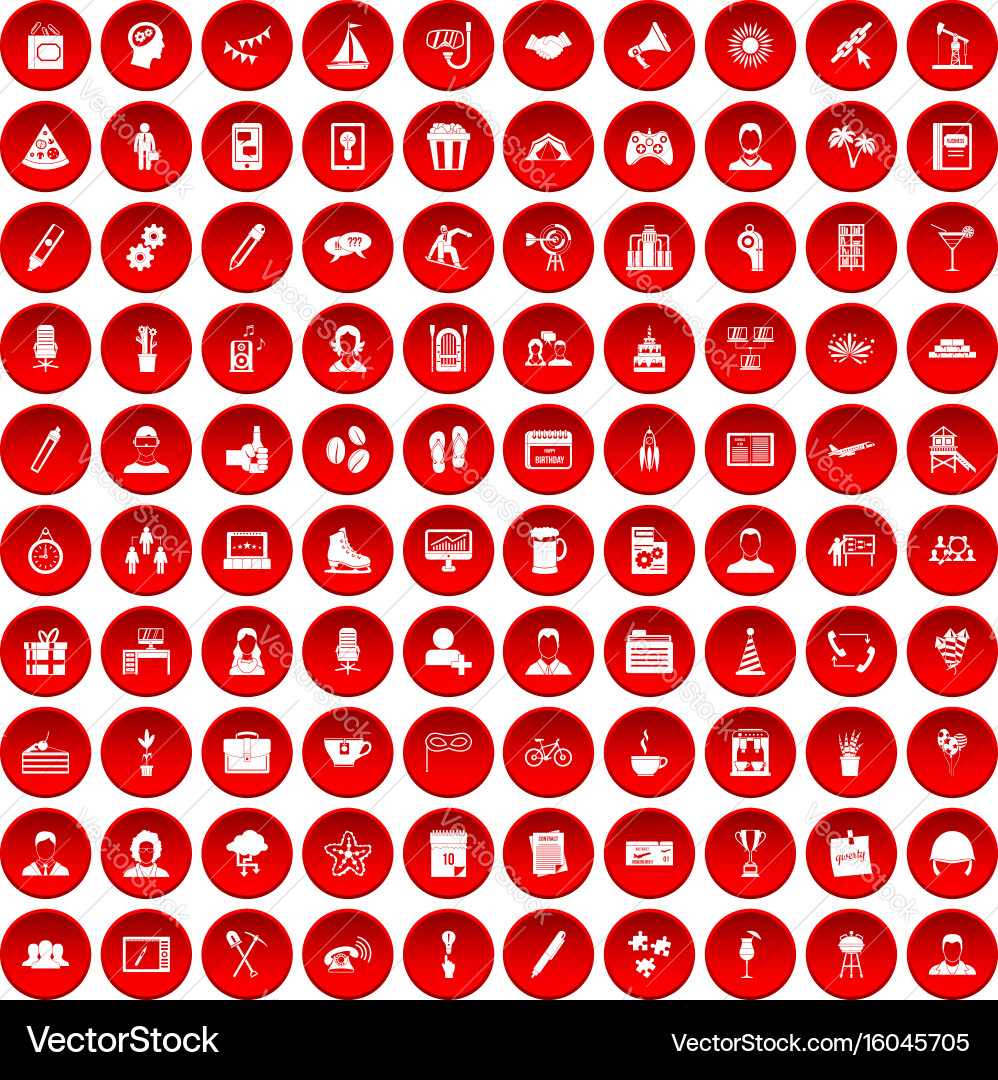100 team building icons set red Royalty Free Vector Image