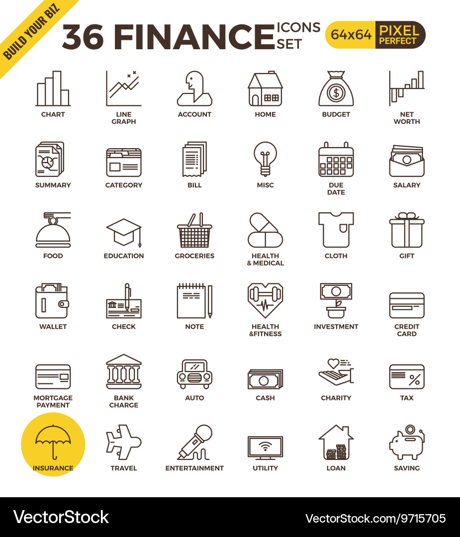 Finance pixel perfect outline icons Royalty Free Vector