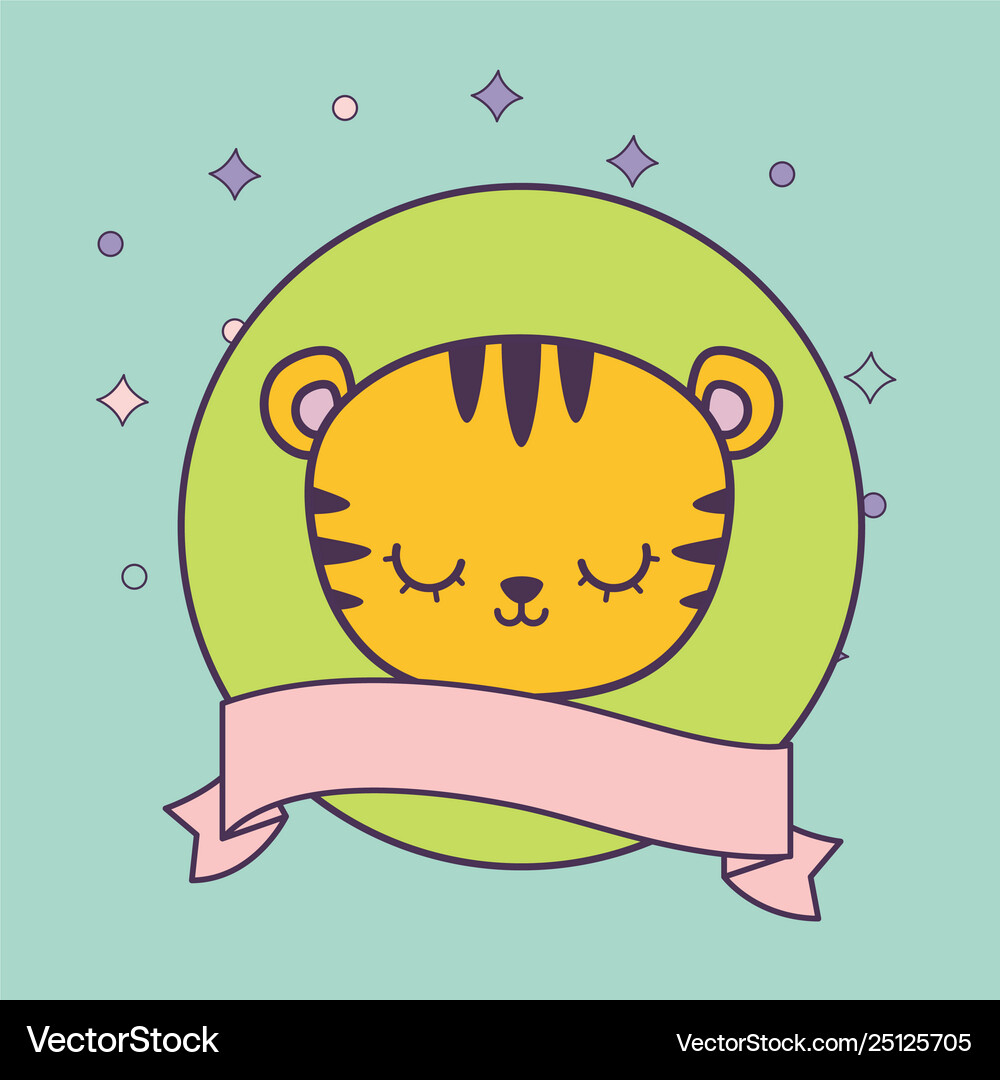 Head cute tiger in frame circular with ribbon Vector Image