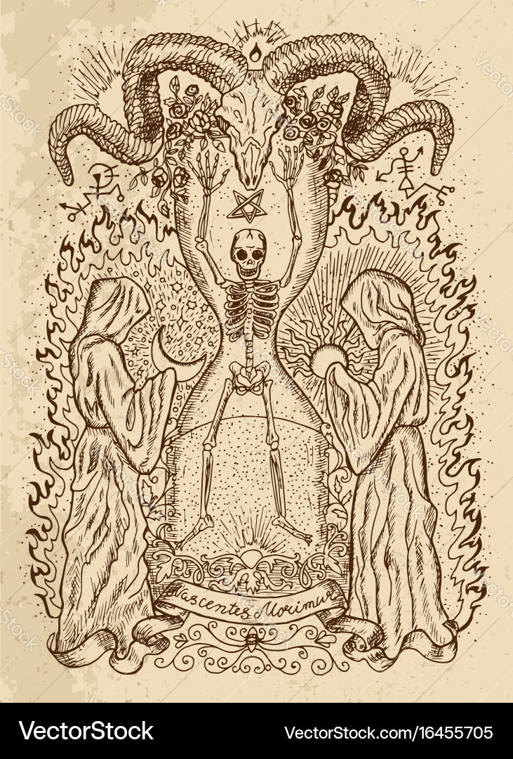 Mystic drawing with human skeleton and monks Vector Image