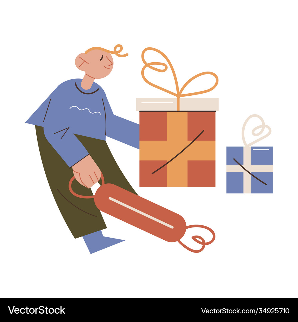 Boy unpacking and opening presents sweets Vector Image