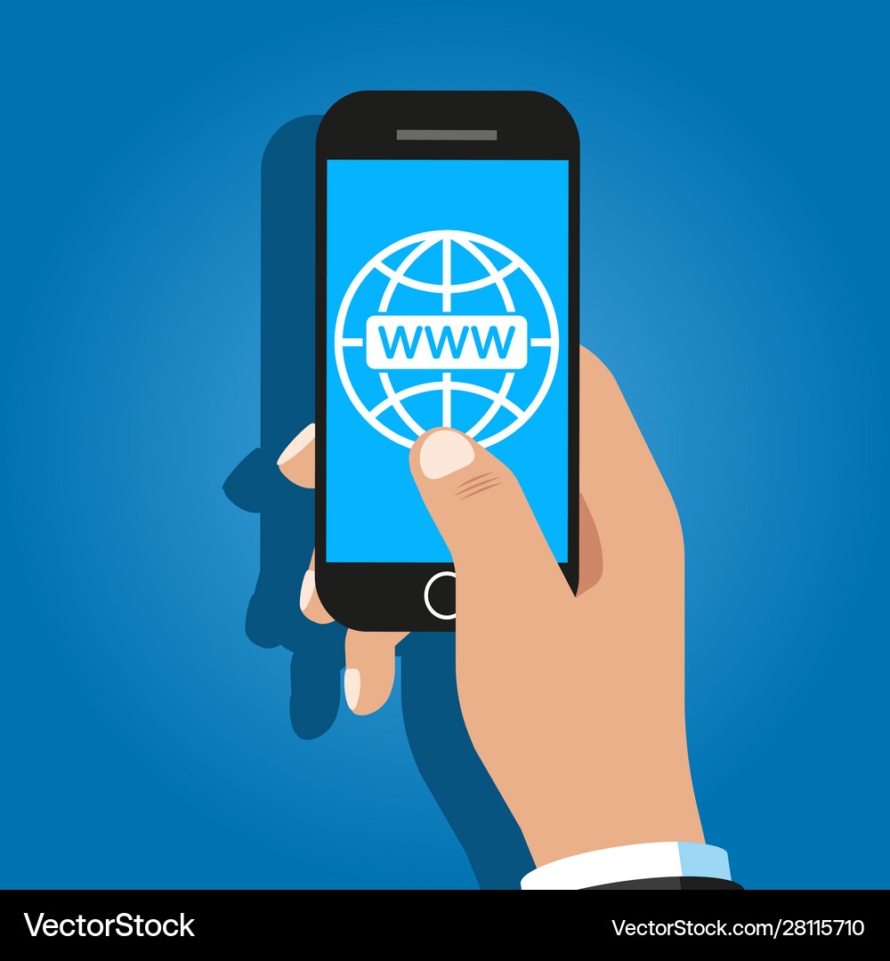 Hand holding black smartphone and finger touch Vector Image