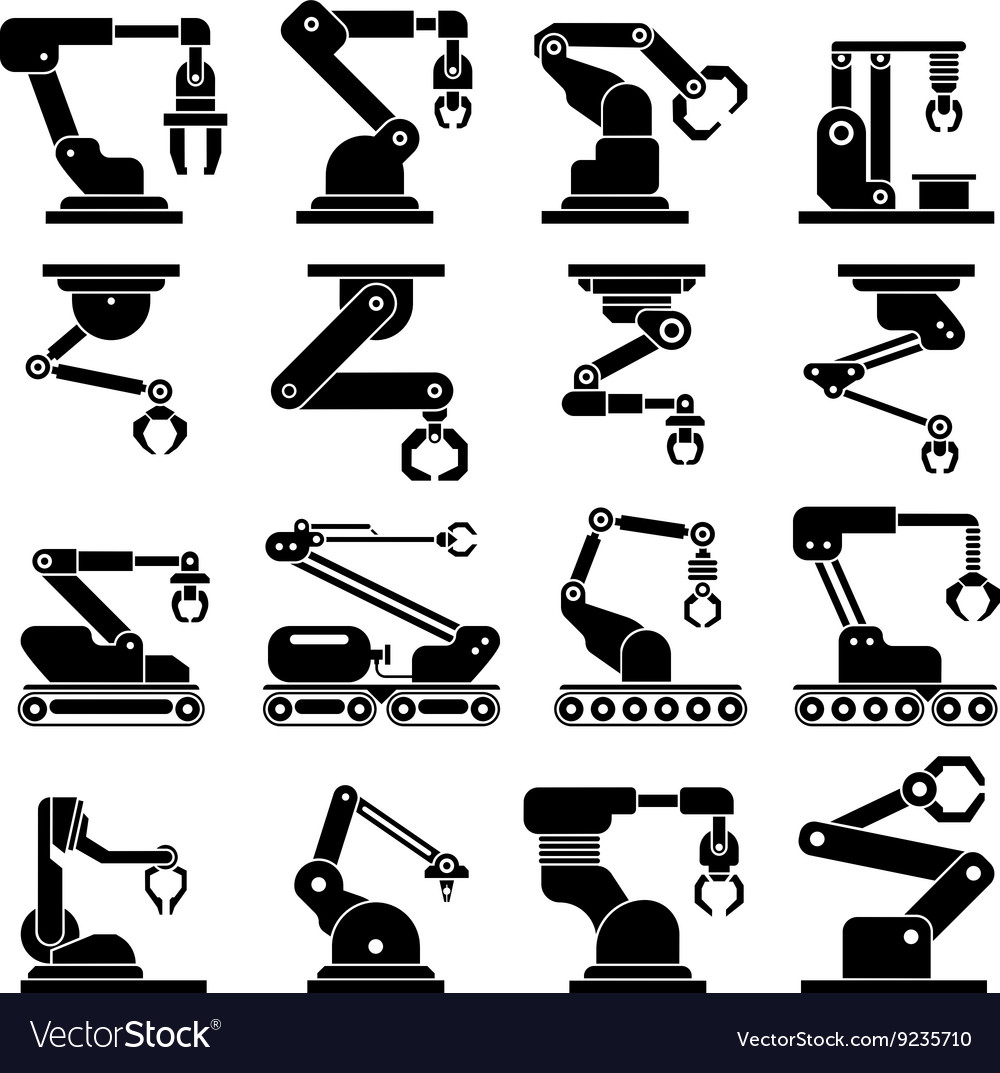 Industrial mechanical robot arm icons Royalty Free Vector