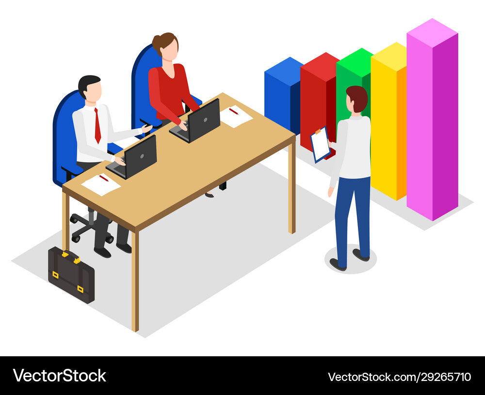 Managers on meeting talk about analysis diagram Vector Image