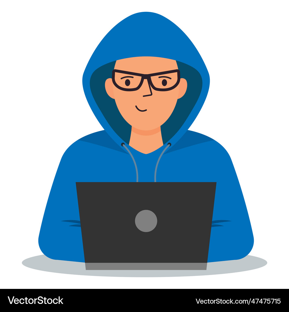 A guy in a sweatshirt sits with a laptop Vector Image
