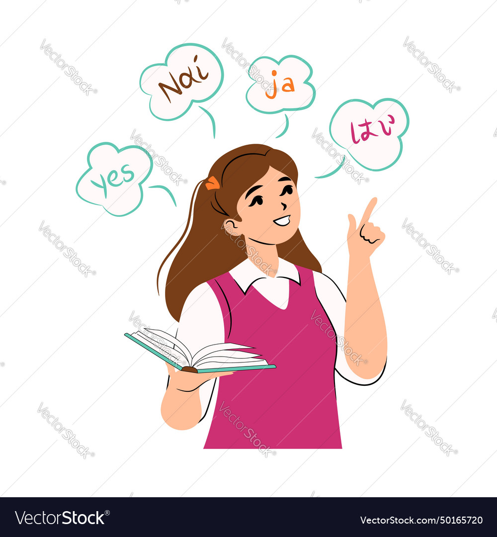 Happy girl learning languages holding an open Vector Image