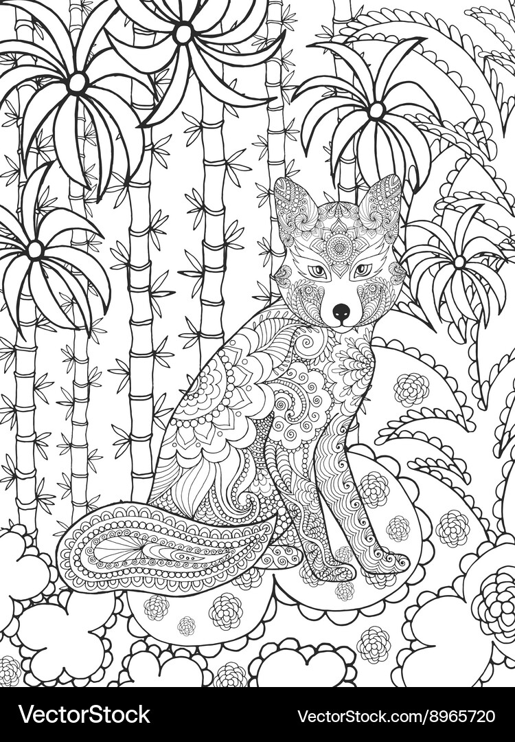 Zentangle Fox in Fantasy Garden Royalty Free Vector Image