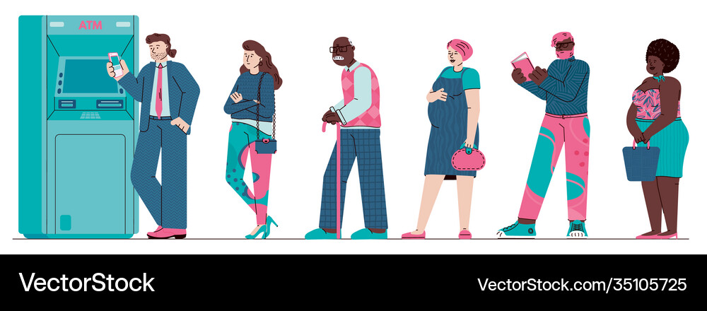 Atm queue - cartoon people standing in line Vector Image