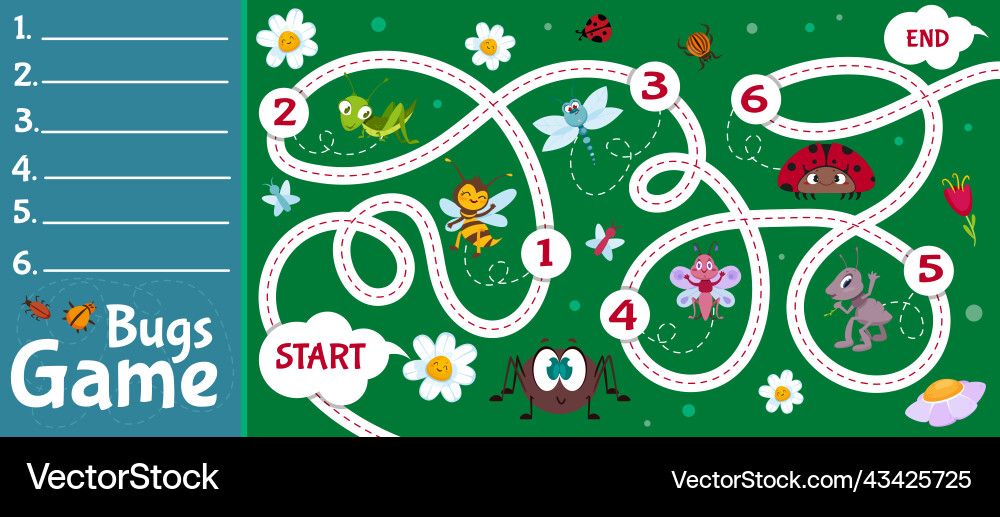 Flat board game for children with insects Vector Image