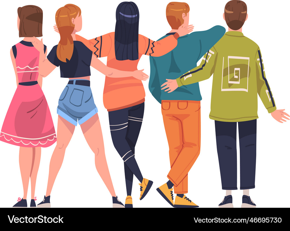 Friends from behind hugging and standing together Vector Image