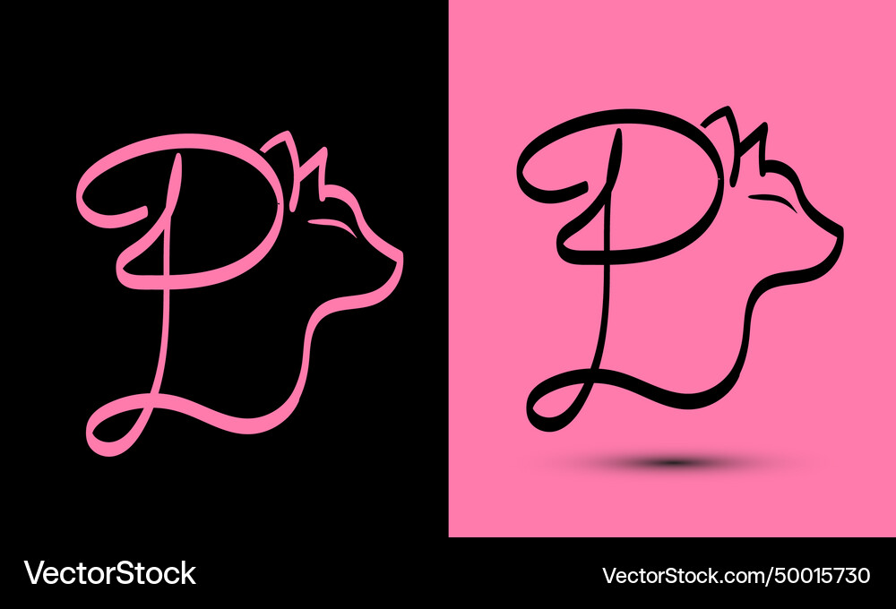 Initial letter p combine with cat head black and Vector Image