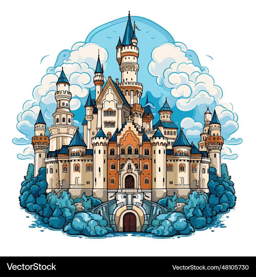 Neuschwanstein castle hand-drawn comic Royalty Free Vector
