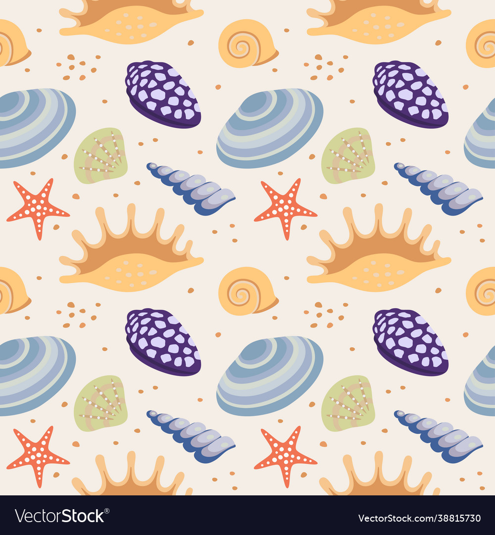 Seamless repeat pattern with seashells Royalty Free Vector