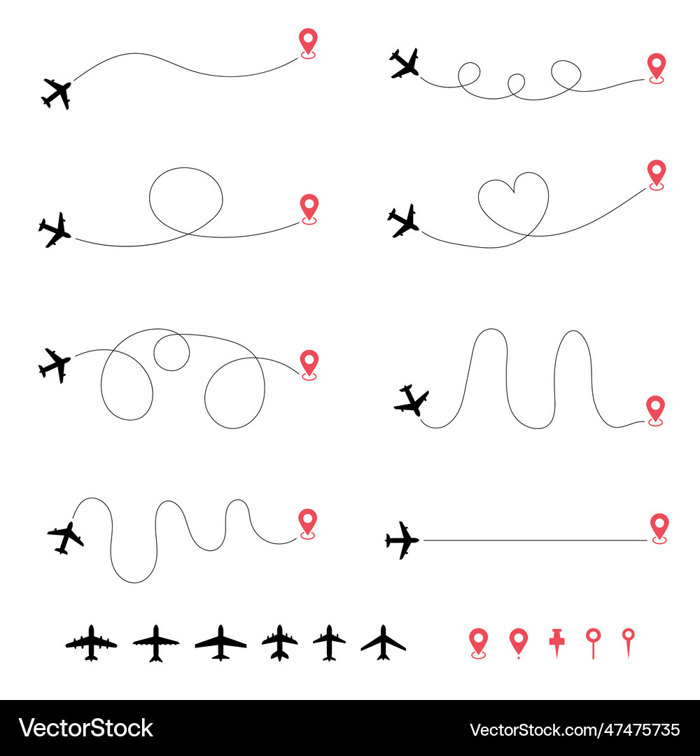 Airplane travel path icons set takeoff Royalty Free Vector