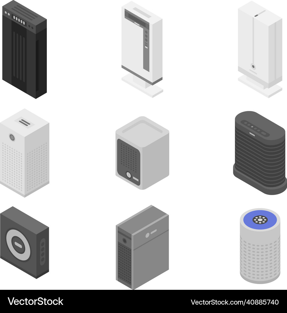 Air purifier icons set isometric style Royalty Free Vector