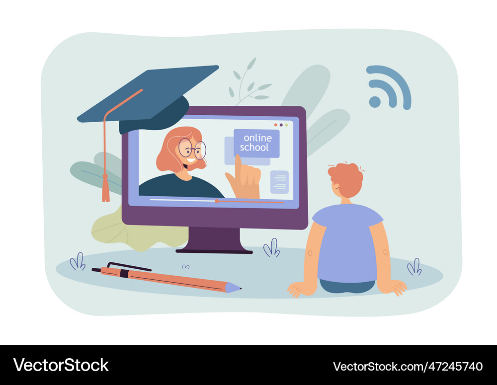 Back view of boy watching online lecture Vector Image