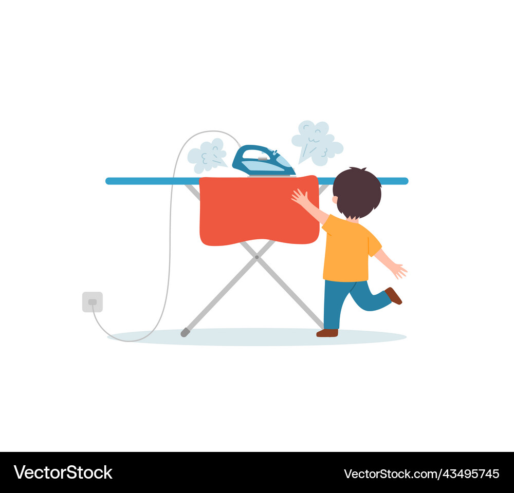 Curious child runs to touch hot iron flat Vector Image