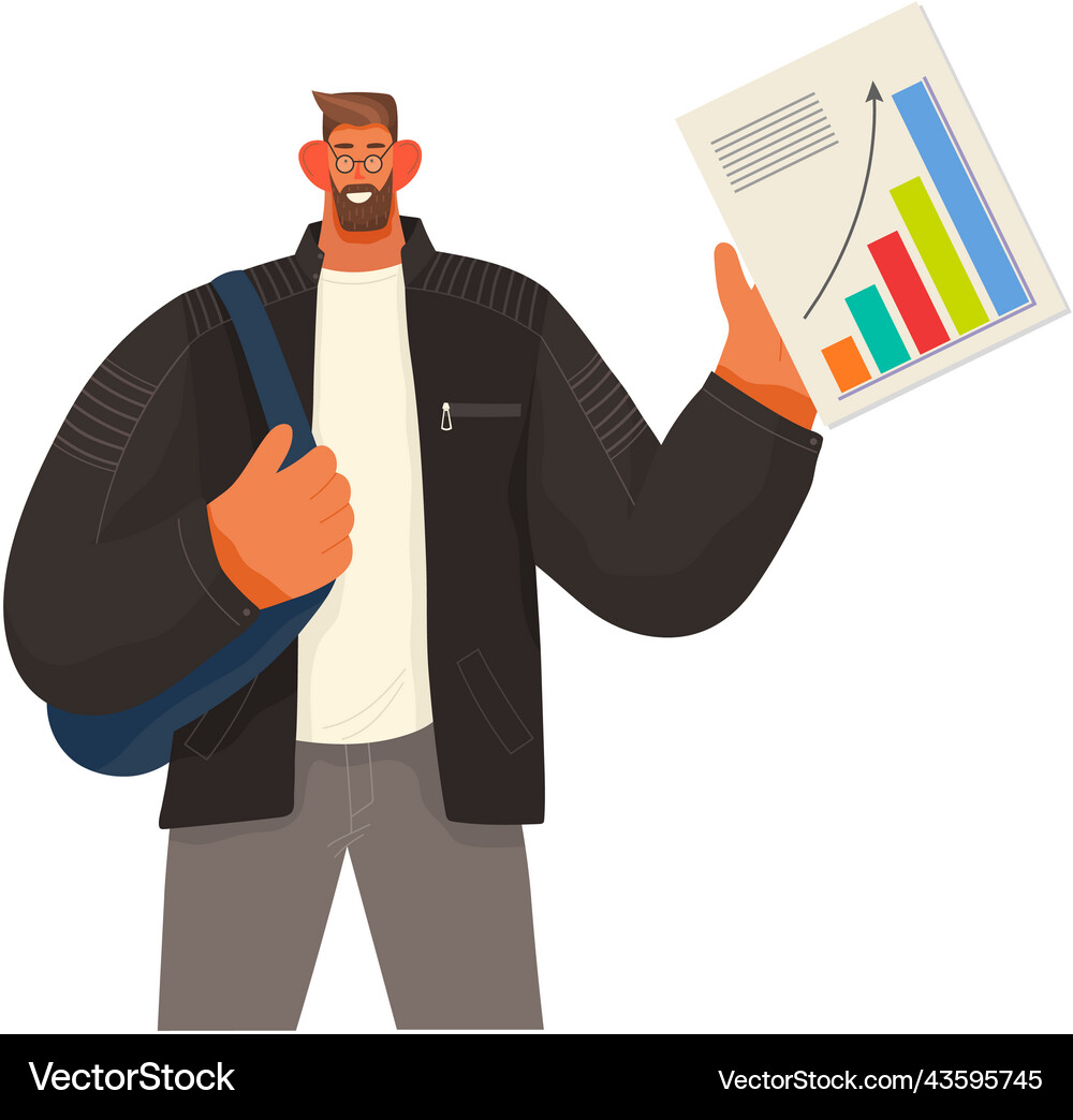 Man stands and holds statistics diagrams Vector Image