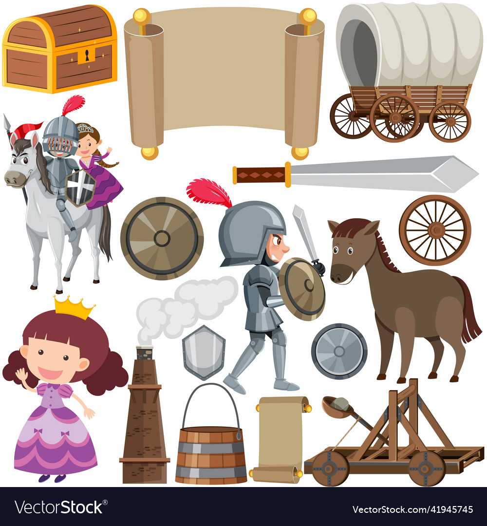 Medieval characters buildings set Royalty Free Vector Image