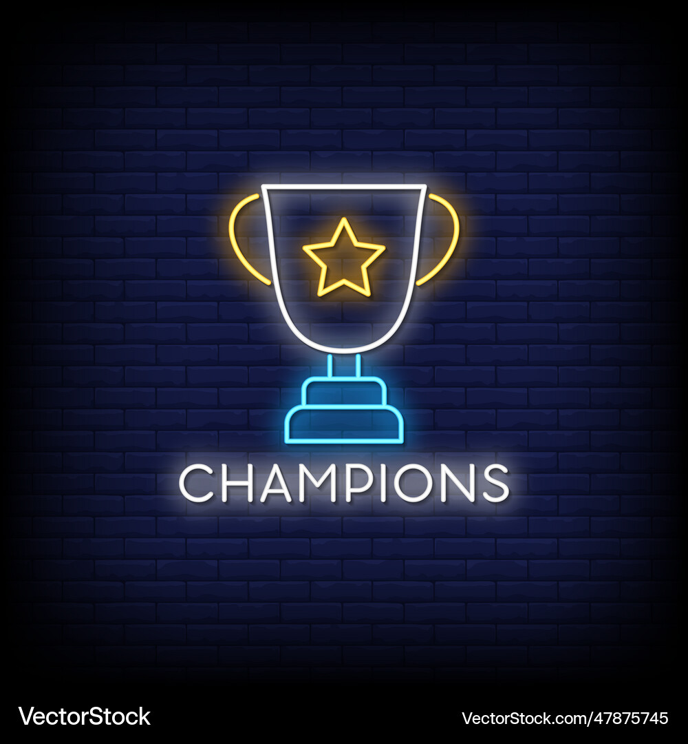 Neon sign champions with brick wall background vec