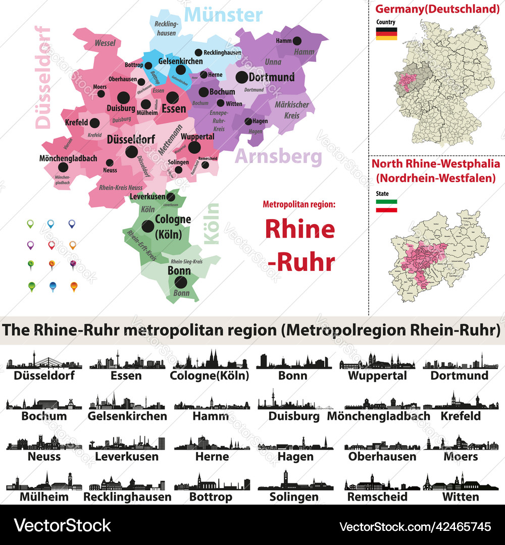 Rhine-ruhr metropolitan region map with largest Vector Image