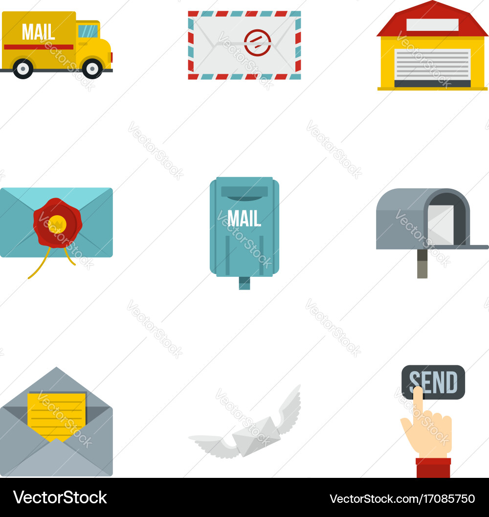 Mail delivery icons set flat style Royalty Free Vector Image