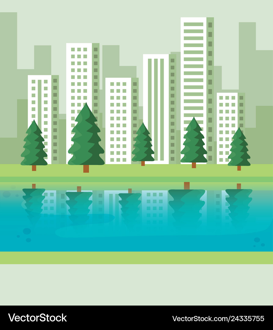 Pines trees with river and building cityscape Vector Image