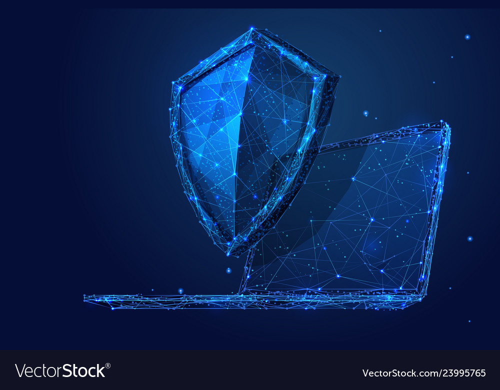Laptop and shield low-poly blue Royalty Free Vector Image