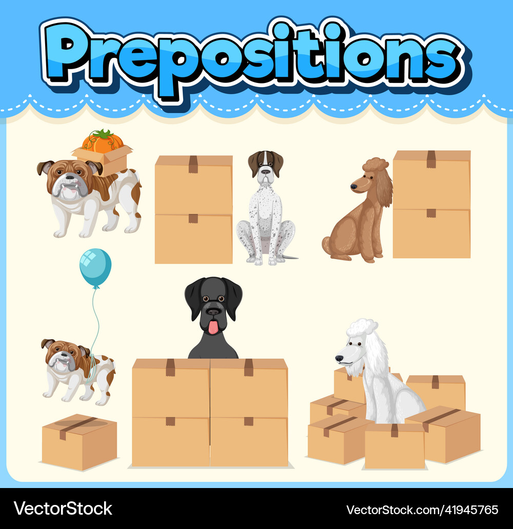 Preposition wordcard with dog and box Royalty Free Vector