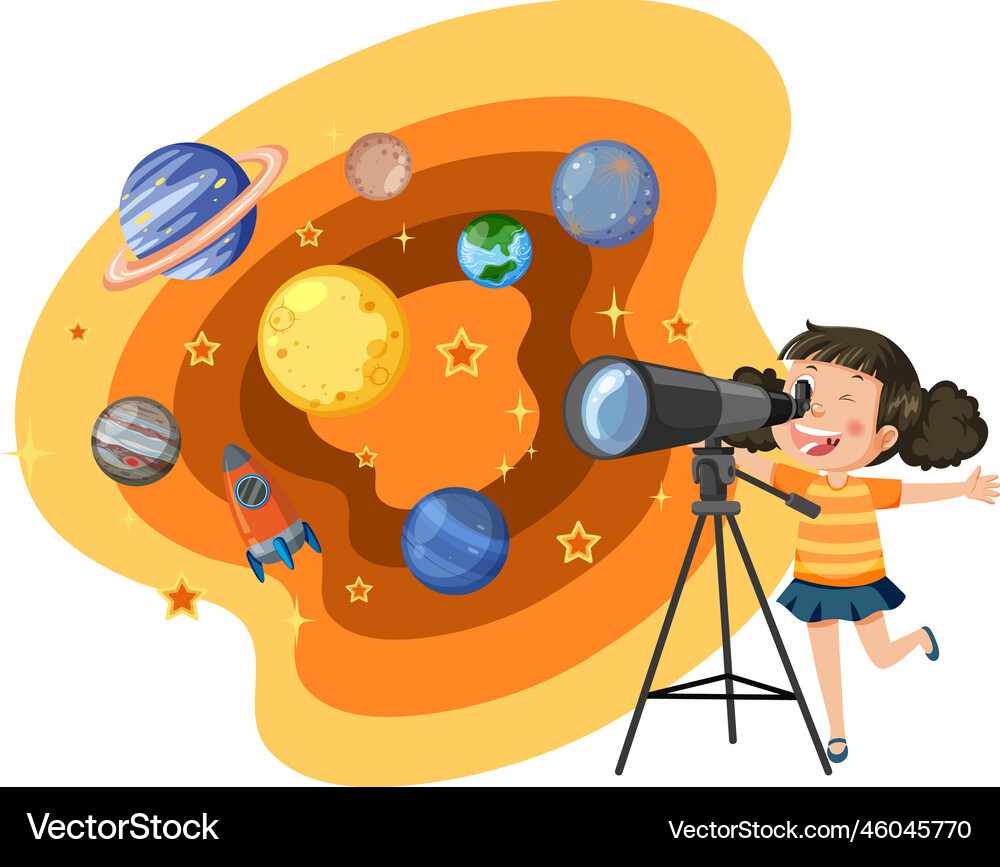 A girl observing planets with telescope Royalty Free Vector
