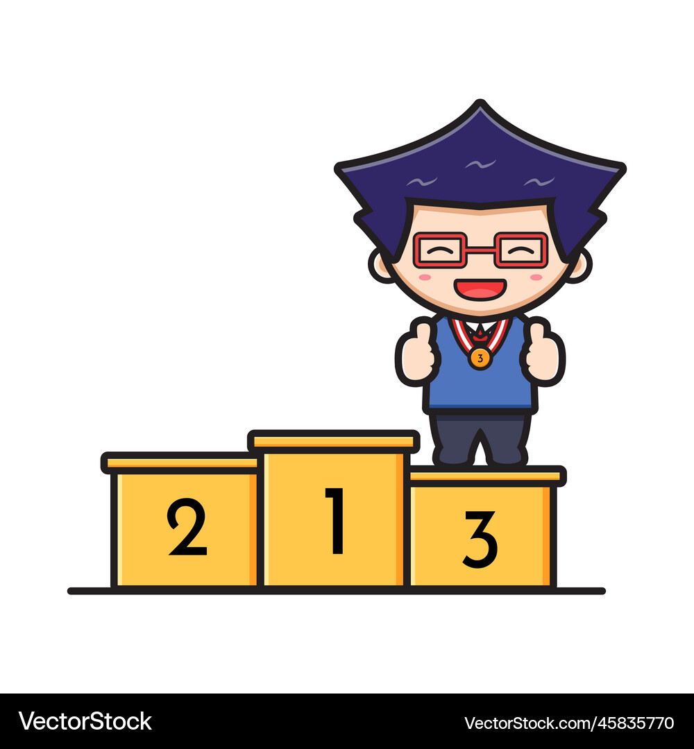 Cute boy student standing on podium rank three Vector Image