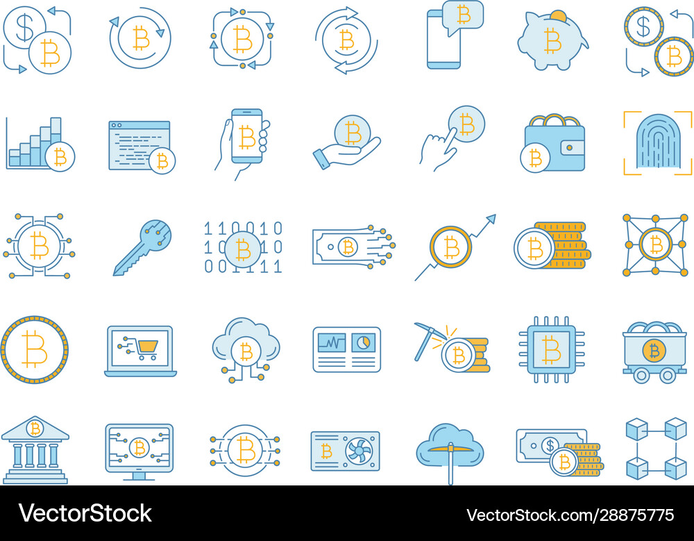 Bitcoin cryptocurrency color icons set Royalty Free Vector