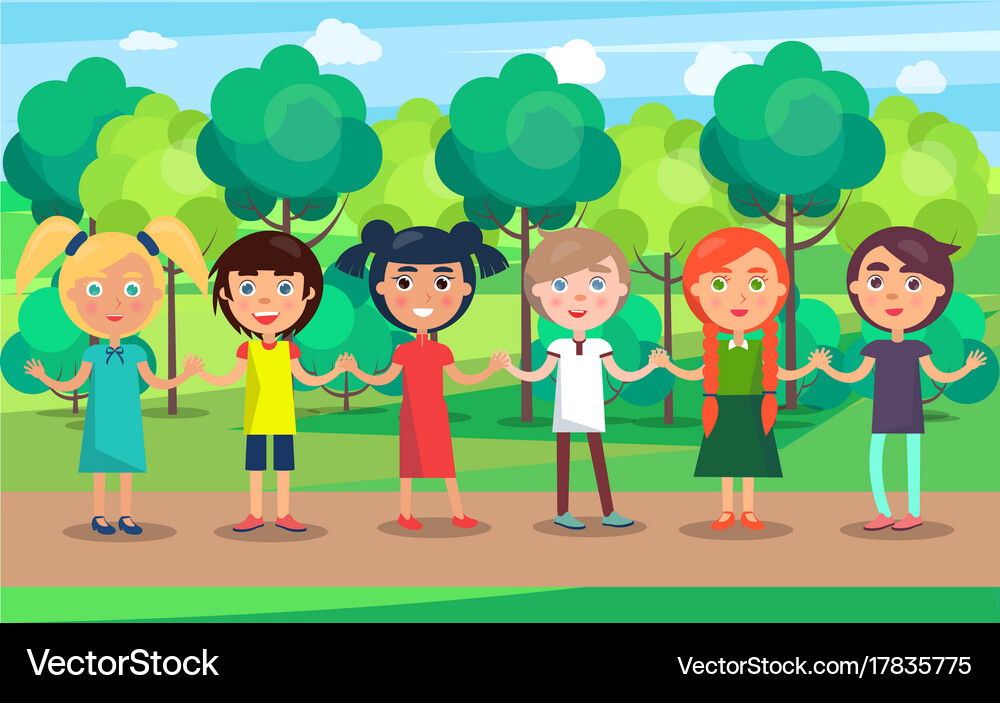 Children line with holding hands on park path Vector Image