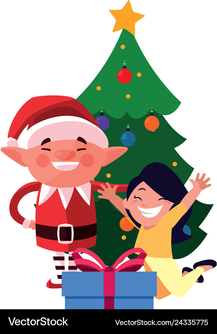 Christmas elf with girl gift tree Royalty Free Vector Image