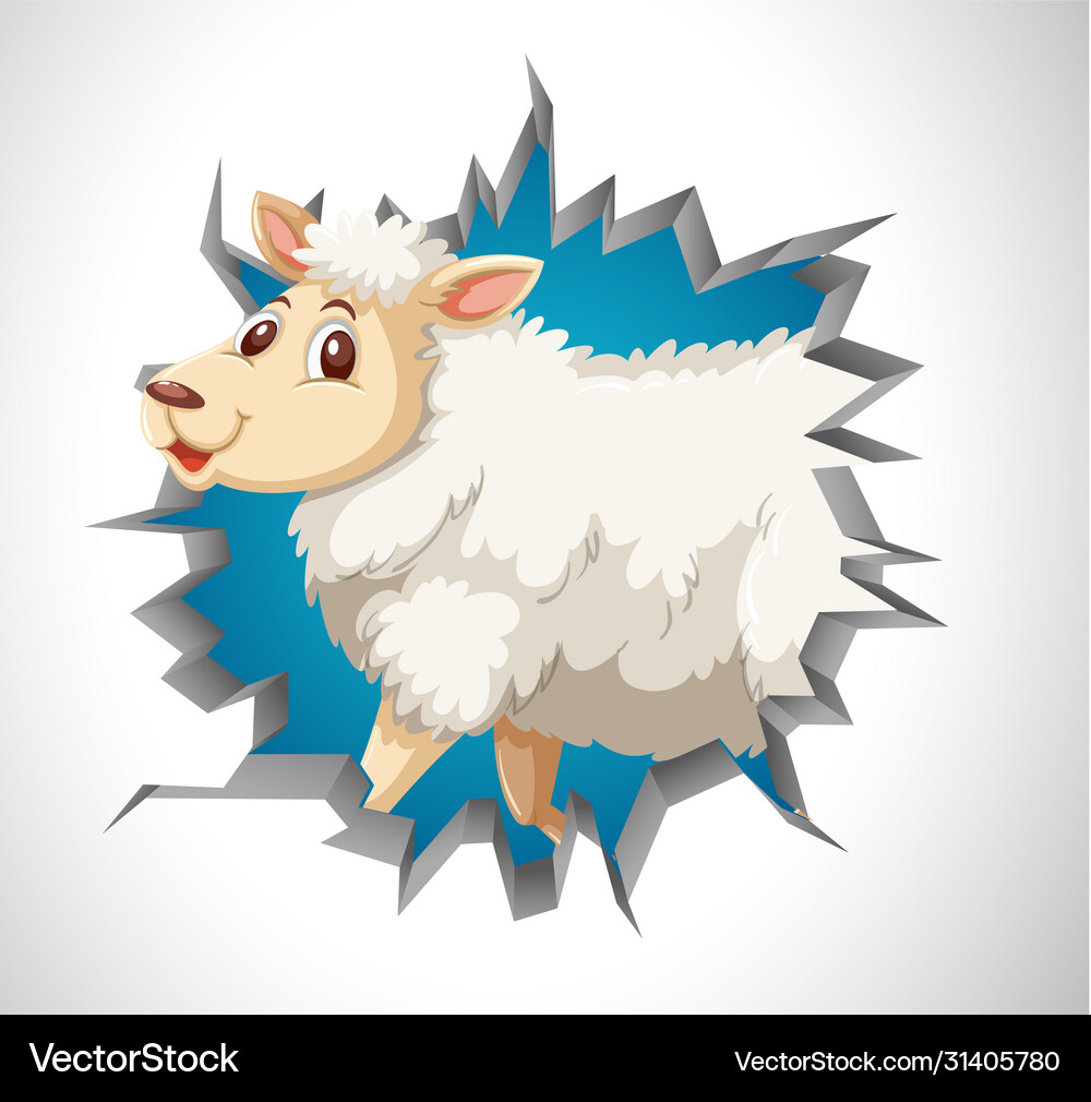 Cute sheep coming out cracked wall Royalty Free Vector Image