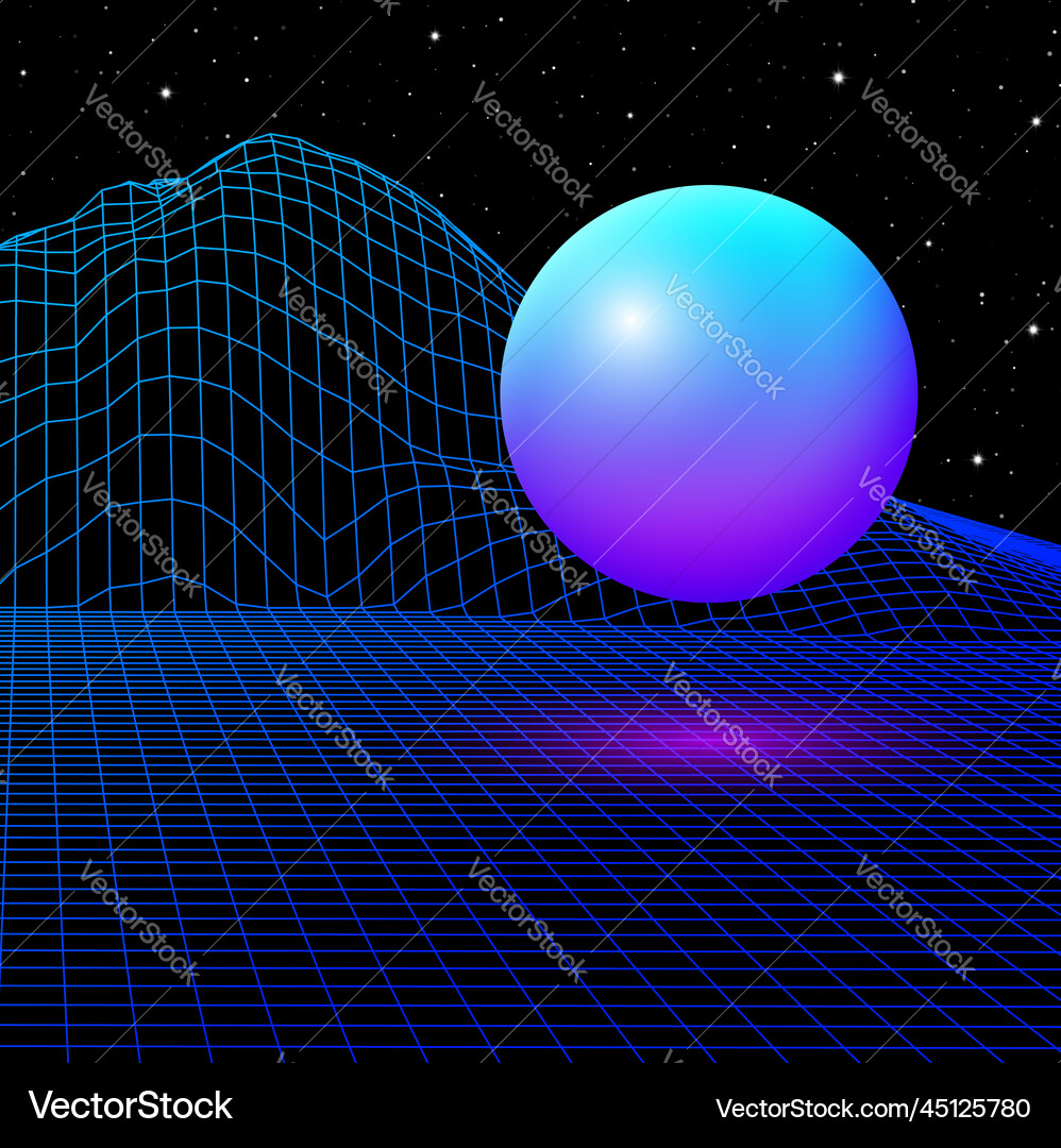 Landscape with wireframe grid of 80s styled retro Vector Image
