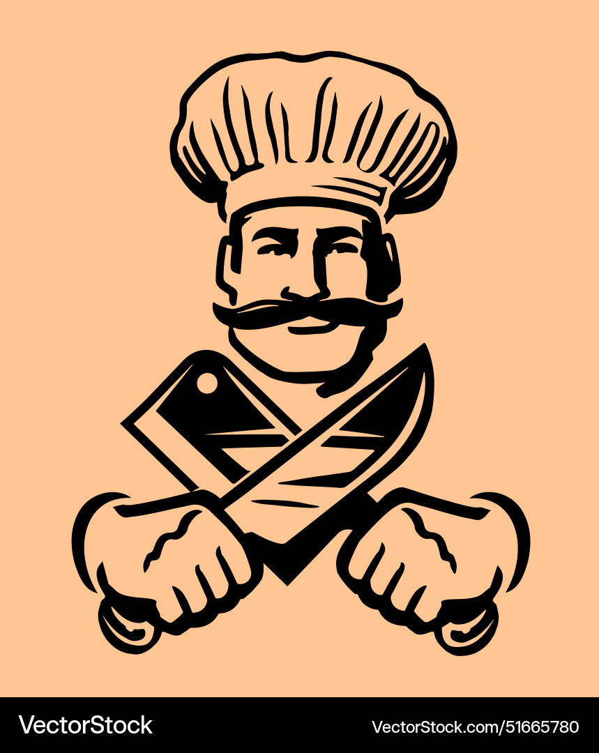 Serious chef in hat with kitchen knives emblem Vector Image