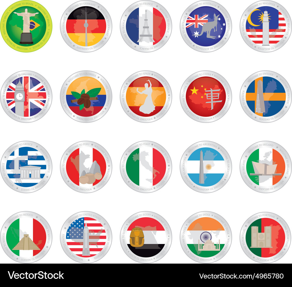 Set country flags with famous places Royalty Free Vector