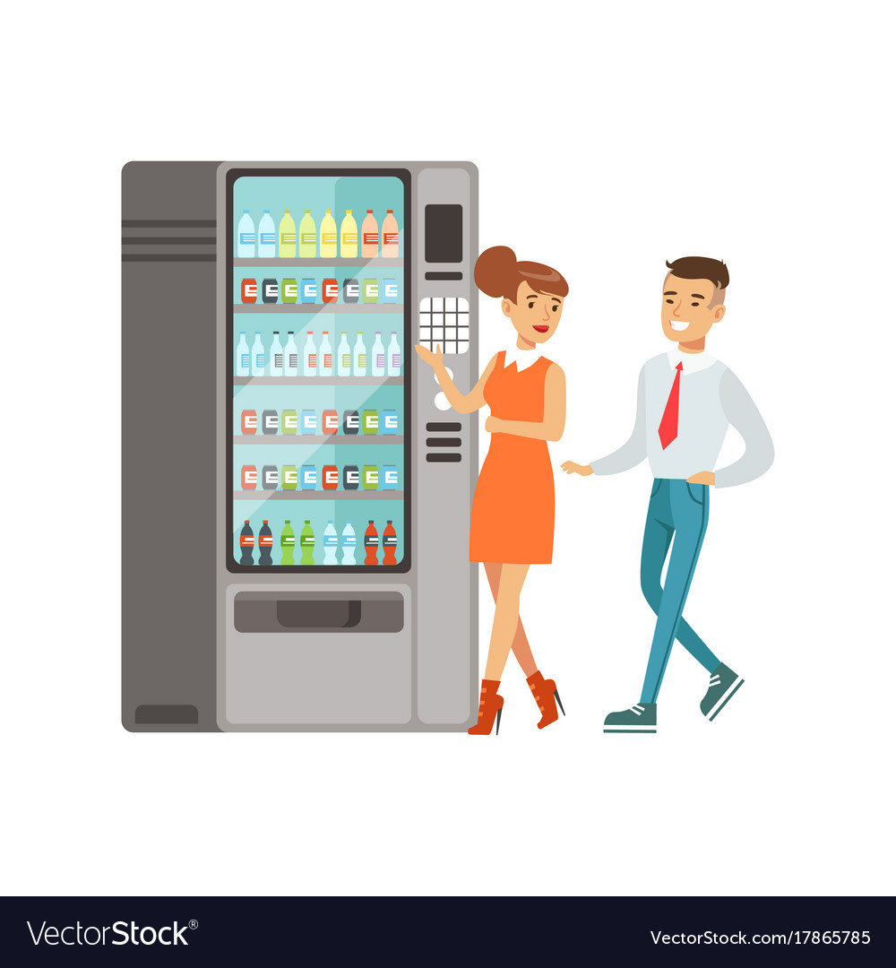 Business people standing next to automatic vending Business people standing next to automatic vending