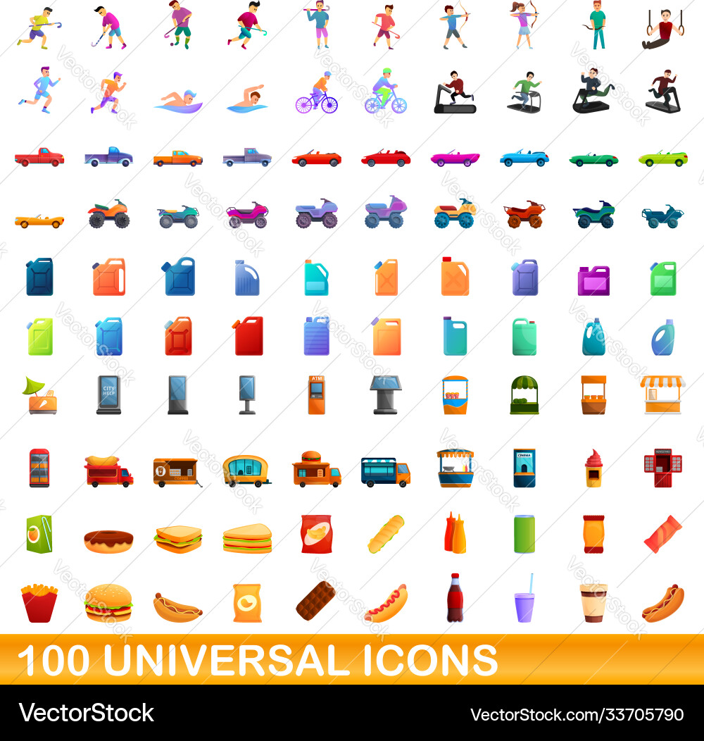 100 universal icons set cartoon style Royalty Free Vector