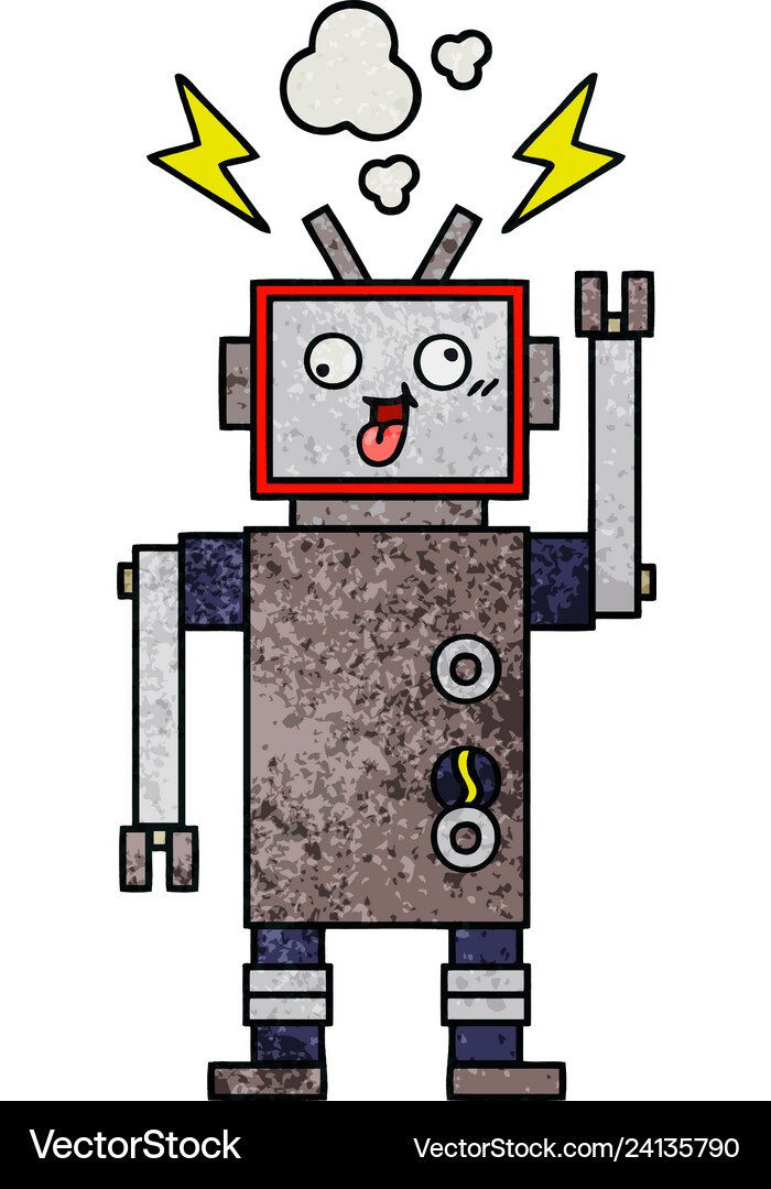 Retro grunge texture cartoon crazy broken robot Vector Image