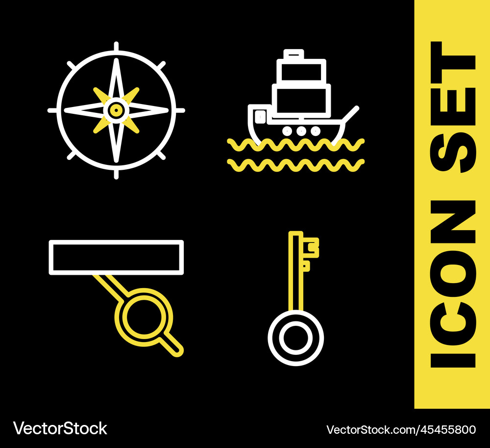 Set line ship pirate key eye patch and wind rose Vector Image