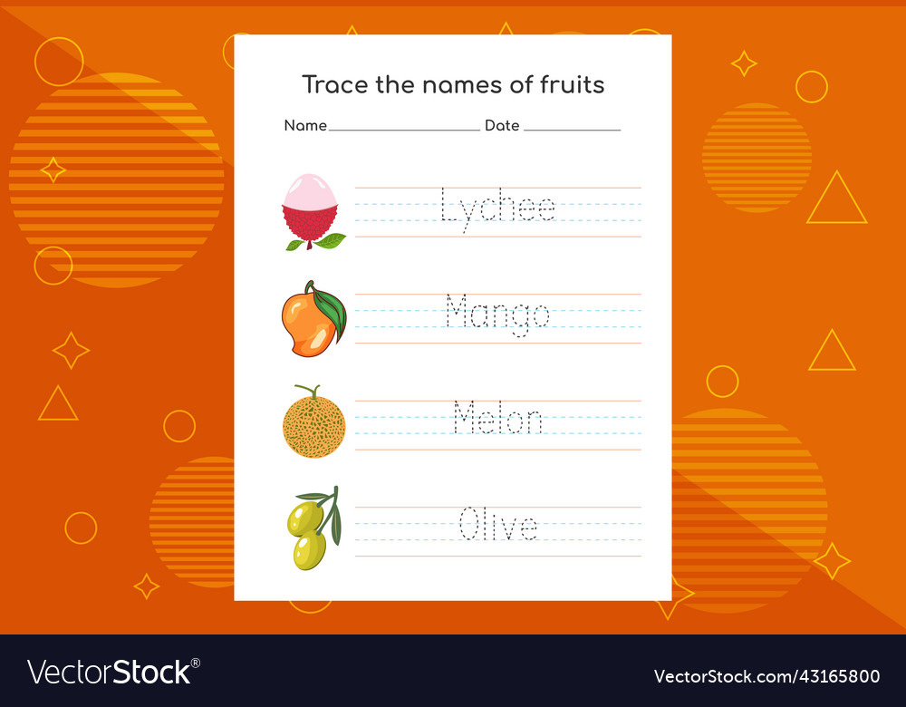 Trace the names of fruits handwriting practice Vector Image