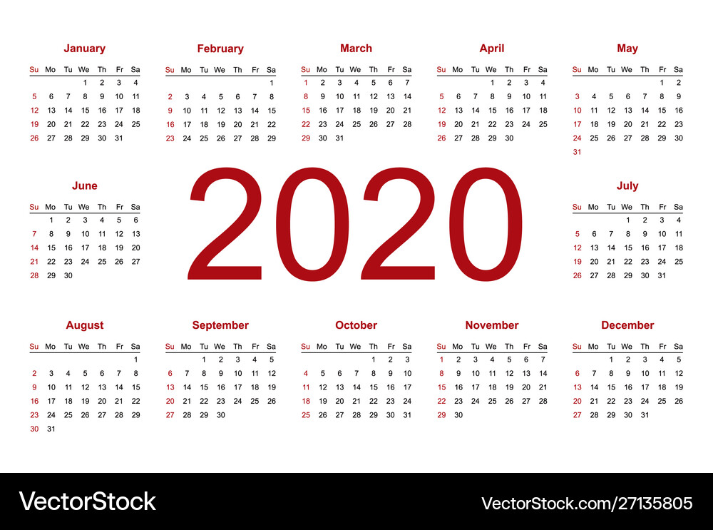 2020 Calendar - Sunday Start Royalty Free Vector Image