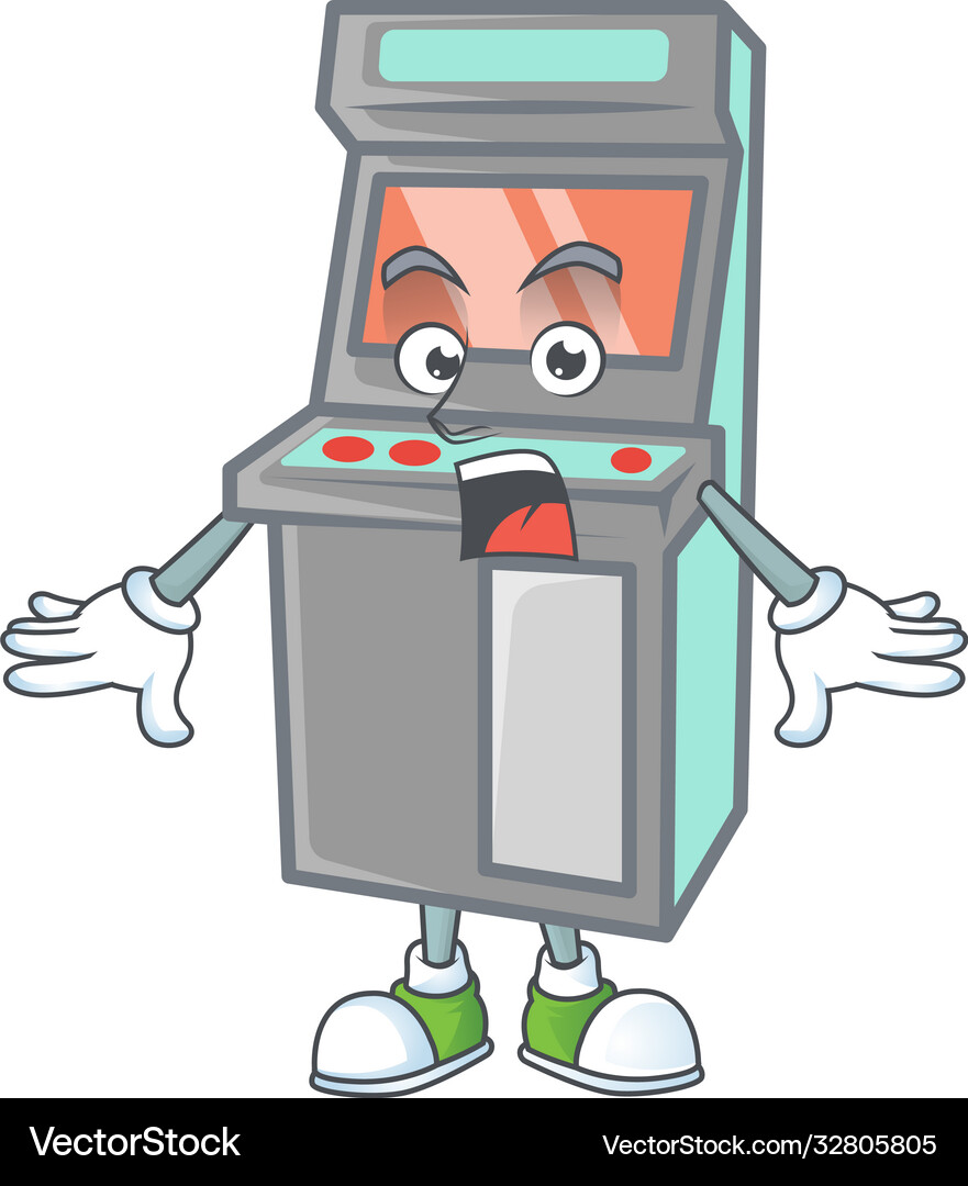 Cartoon arcade game machine with surprised gesture
