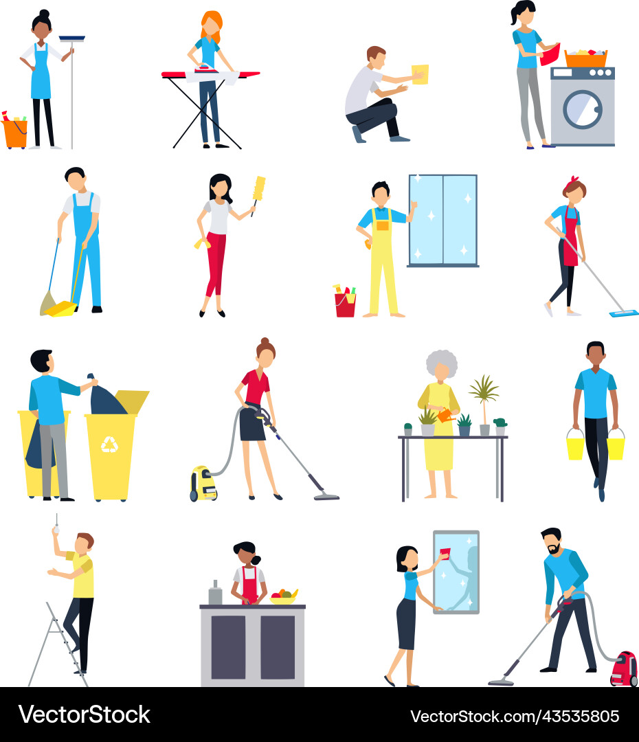 Cleaning people icons set Royalty Free Vector Image